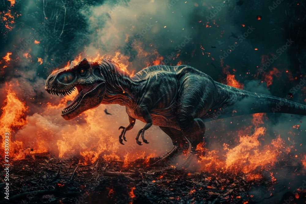 A fiery dragon-dinosaur emerges from the smoky outdoor scene, striking ...