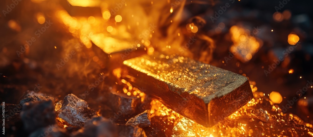 Gold mining industry. Melting metal to create gold ingots. Fire during ...