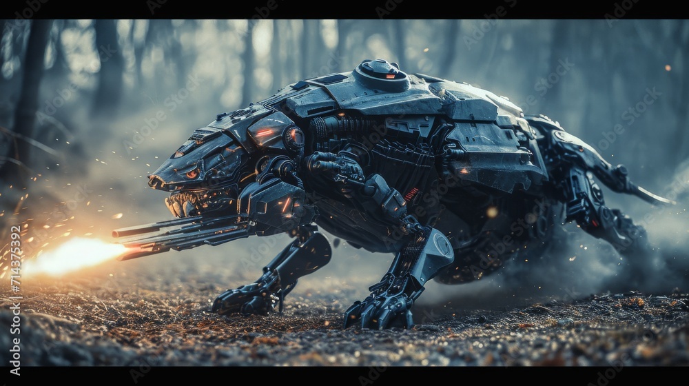 A futuristic robotic animal armed with a powerful gun battles through a ...