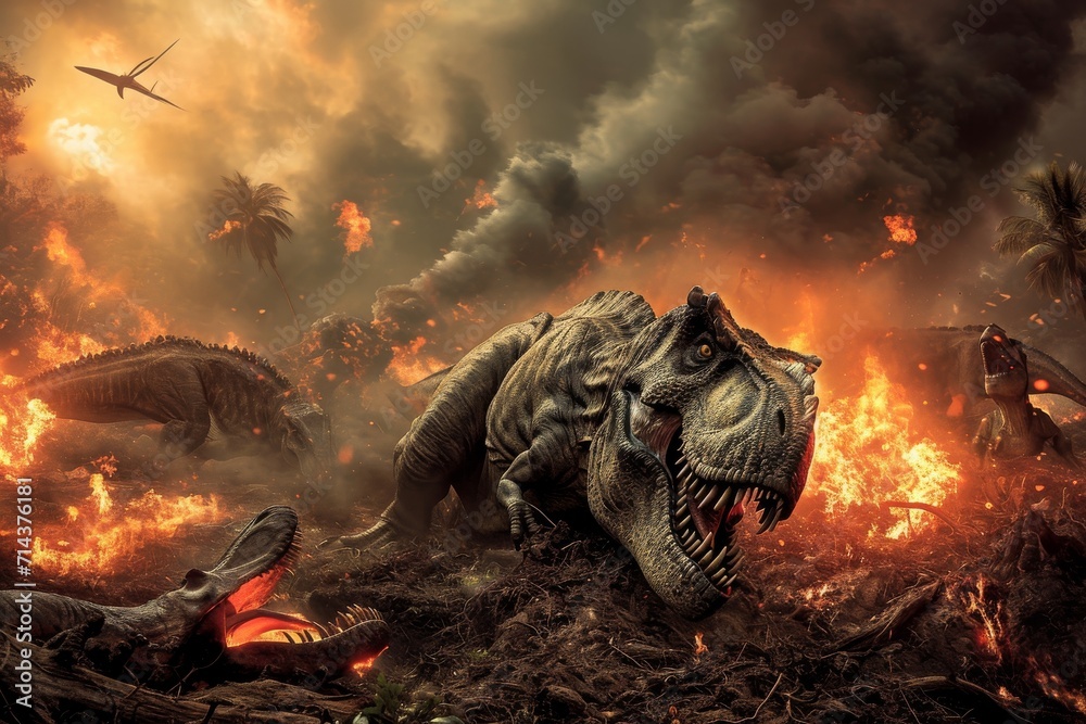 As the smoke from a fiery explosion fills the air, a fierce dinosaur ...