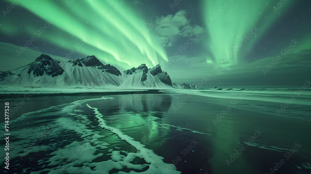 Amazing view of green aurora borealis shining in night sky over snowy ...