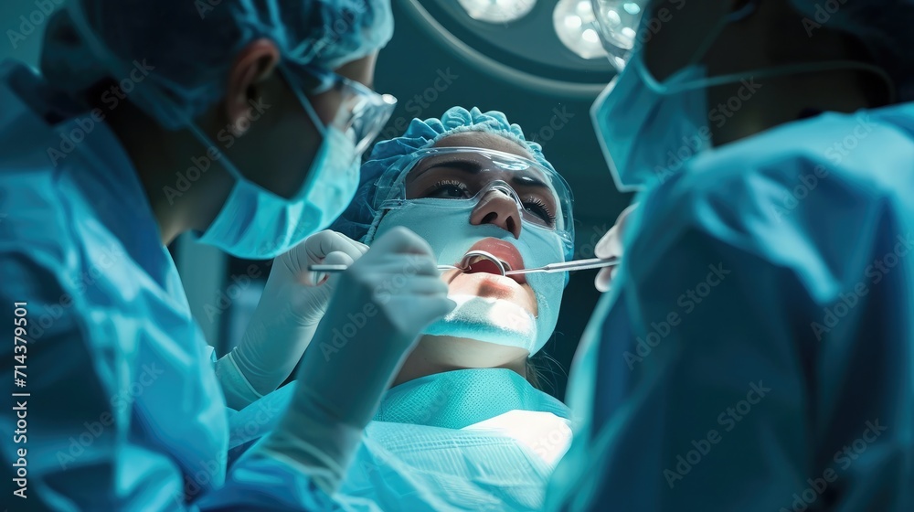 Surgeon and nurse during a dental operation.Anesthetized patient in the ...