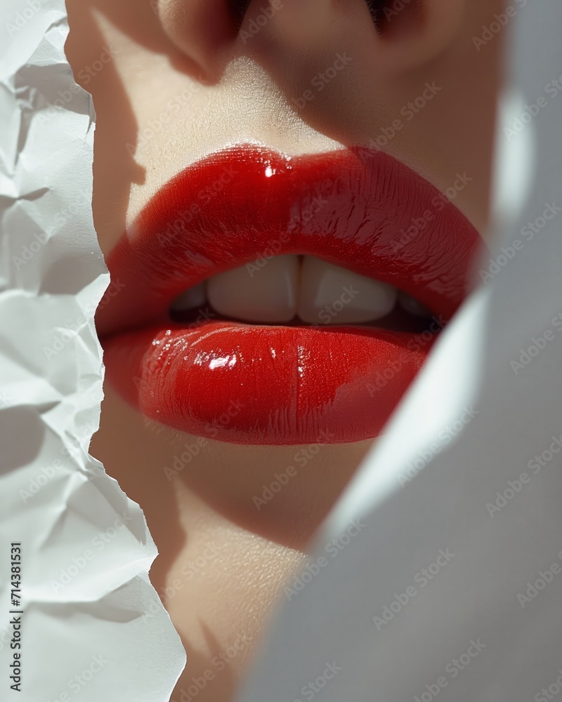 A close up of a girl face behind a torn up crumple paper, red hot open ...