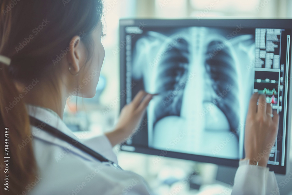 Professional, career and closeup of woman radiologist checking spine ...