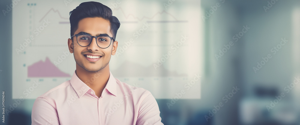 Bellissimo uomo di 30 anni di origini indiane sorride in ufficio con ...