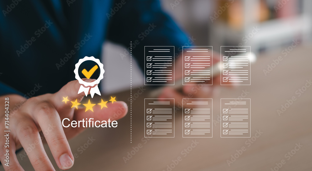 Quality control certificate concept. Businessman show high quality ...