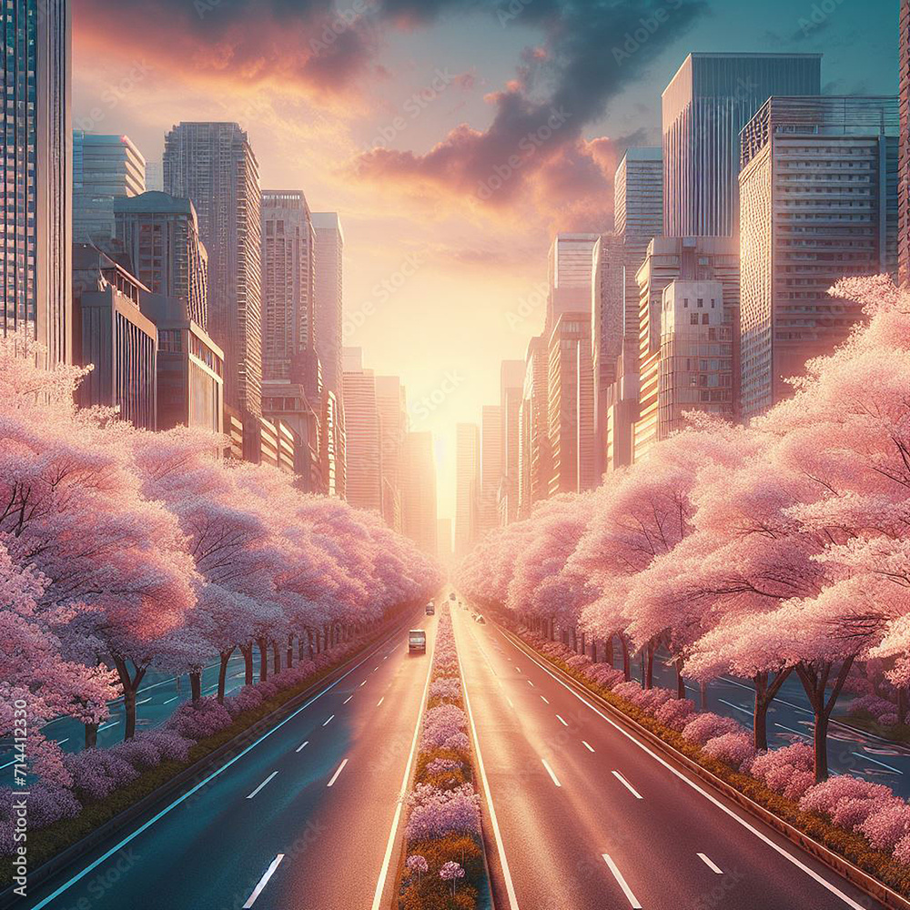 many cherry blossom trees line both sides of a road Ai generated art ...
