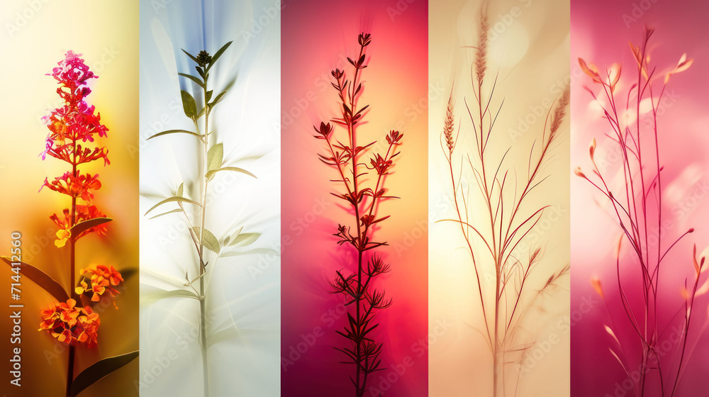 a bunch of different types of flowers on a white and pink background ...