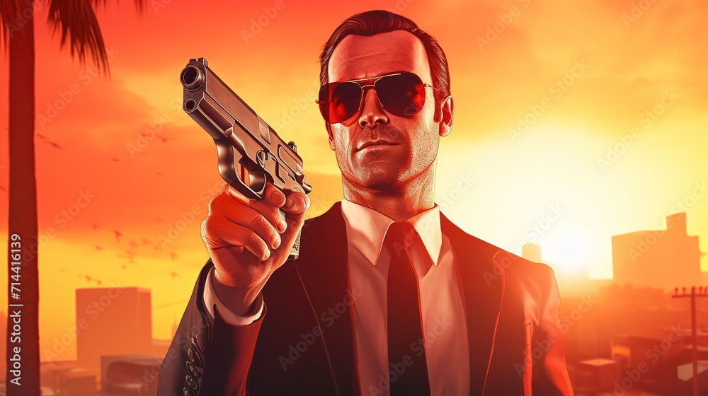 gta_5_charactor_with_eniviroment_gun on his hand sunshine background ...