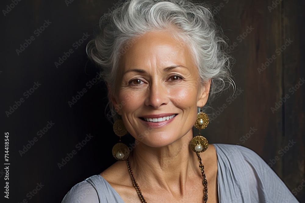 Radiant elderly senior model woman with graceful grey hair, portraying ...