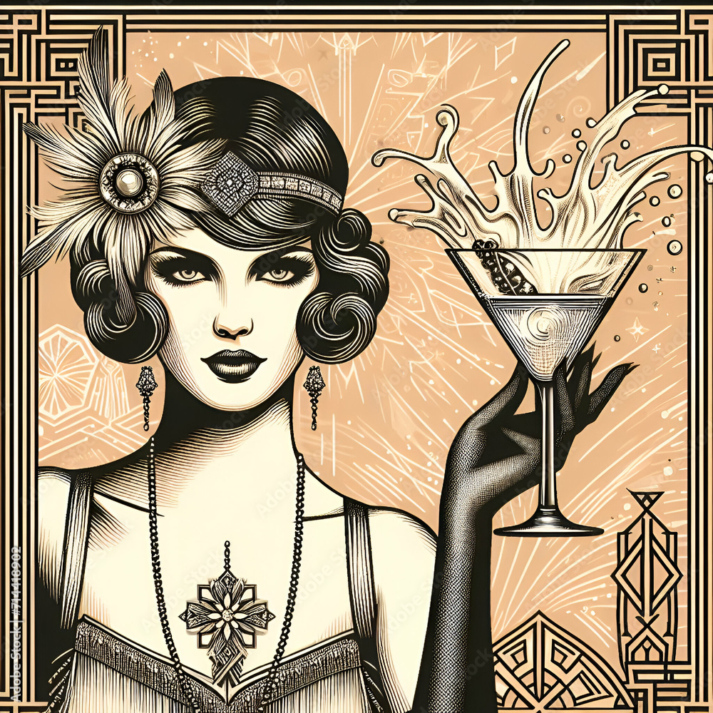 Flapper girl holding cocktail glass with splash. Art deco, 1920 s style ...