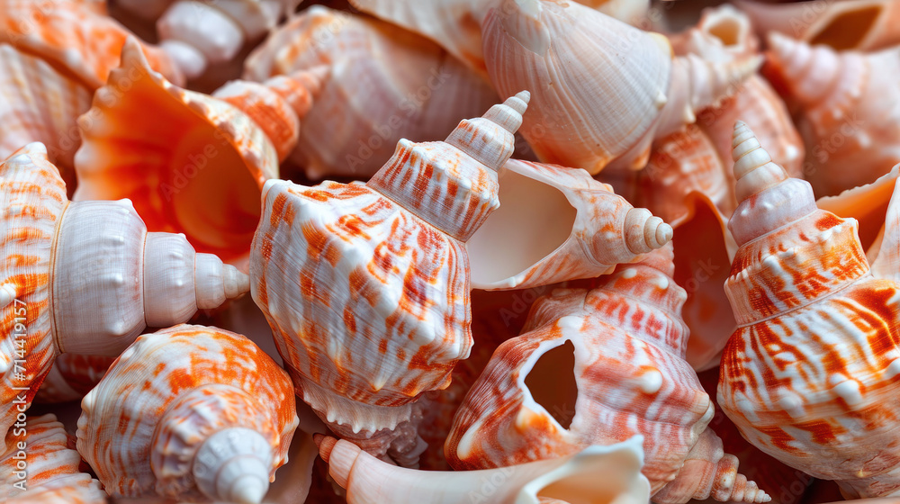 a pile of orange and white seashells with a white stripe on the bottom ...