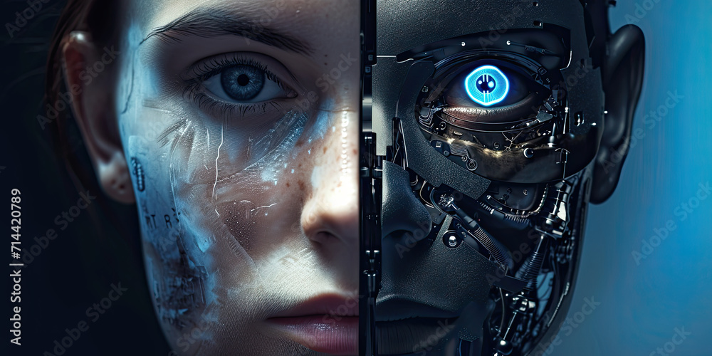 AI artificial intelligence robot head shot face with human head side ...