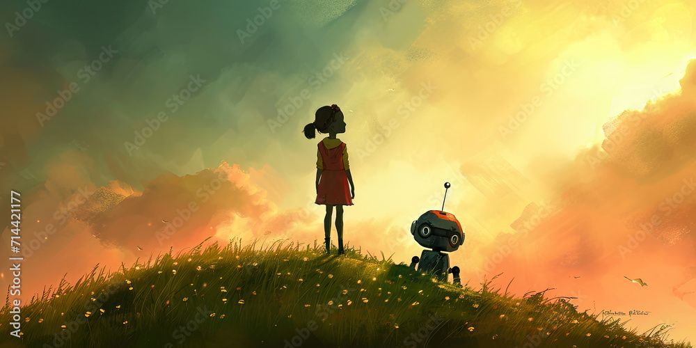 Child with best friend AI robot companion, friendship artificial ...