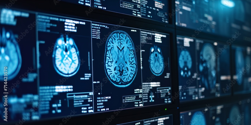 Digital image of a human brain scan displayed on monitors Stock ...
