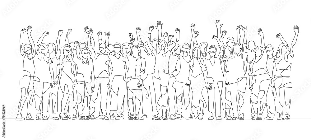 Continuous line drawing of happy cheerful crowd of people. Hands up ...