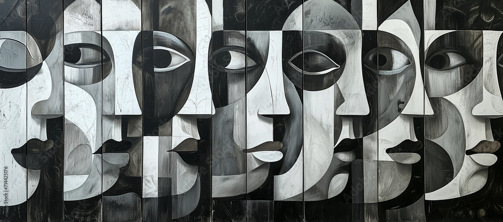 Black and White Cubist Mural Painting of faces, AI Generated Stock ...