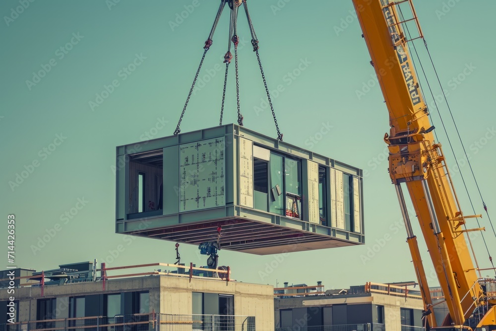Modular building being lifted by a crane Stock Photo | Adobe Stock