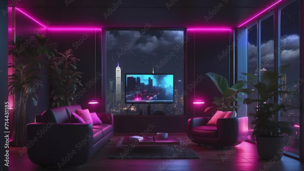 stream overlay loop. modern living room with sofa & purple lighting ...