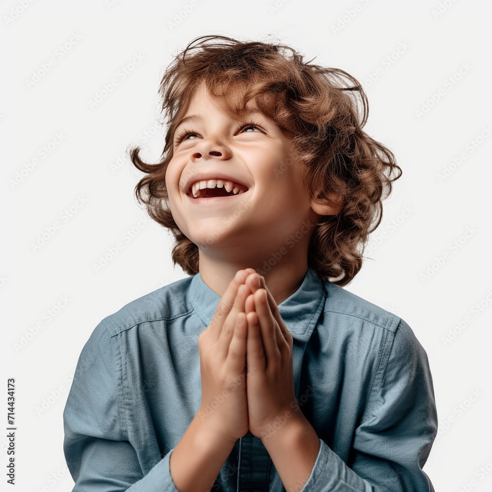 Boy With Both Joined Hands Raised to the Sky as a Sign of Thanks Stock ...