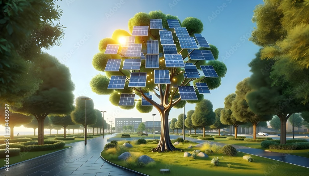 Solar Panel Tree Harnessing Solar Energy in a Modern Public Park with ...