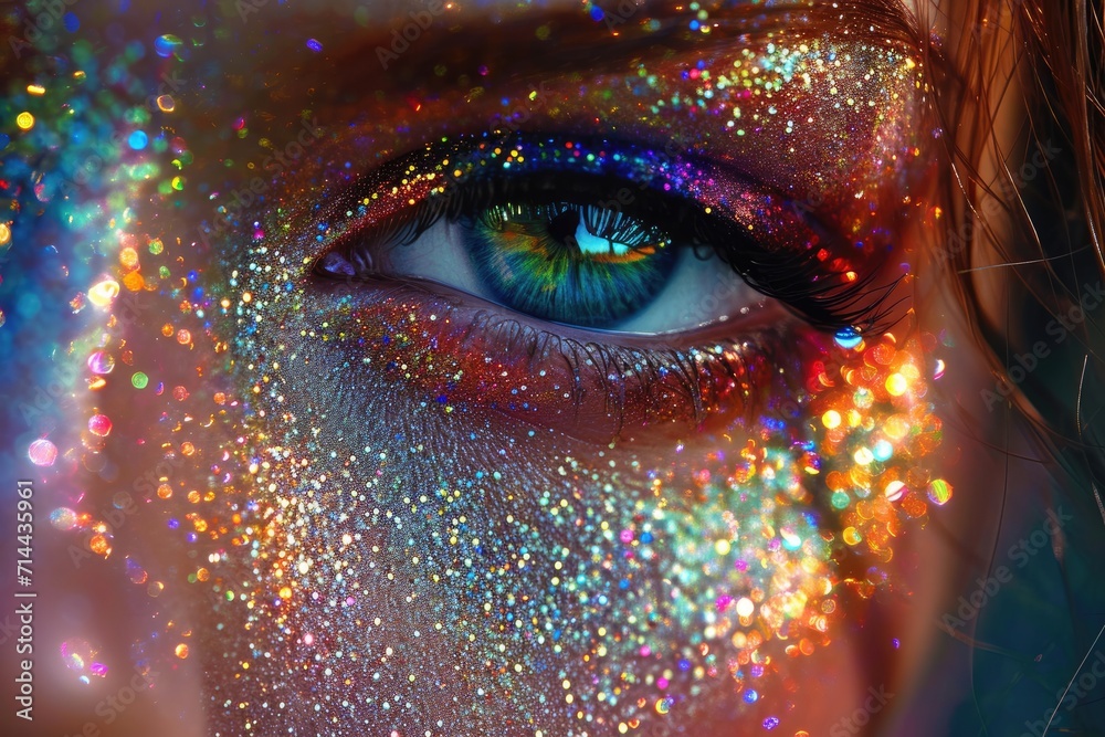 Woman's face has a scattering of diamonds, rhinestones, all over her ...