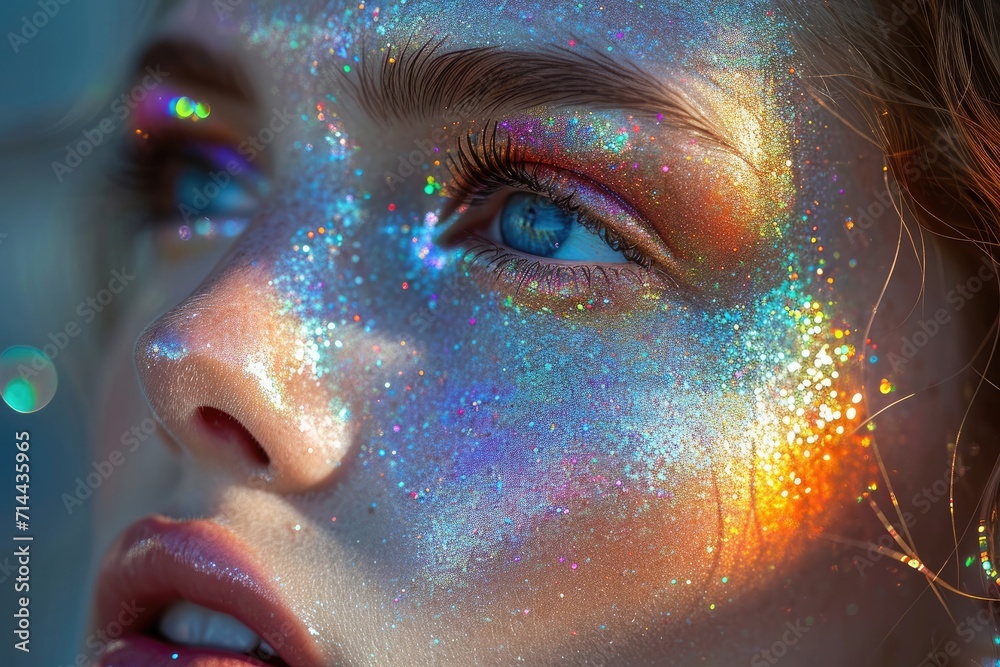 Woman's face has a scattering of diamonds, rhinestones, all over her ...