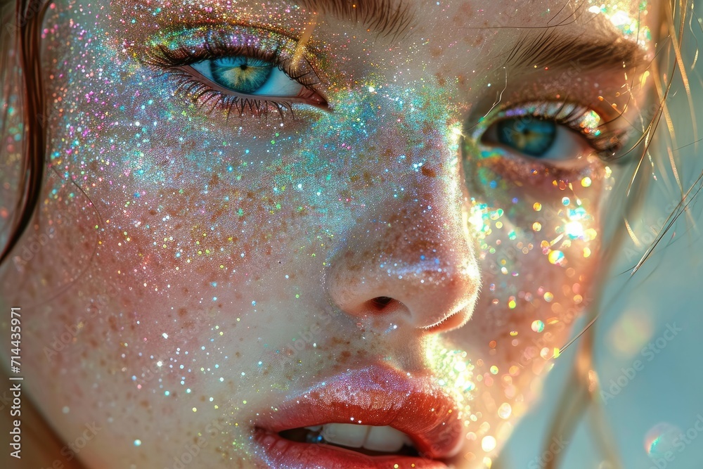 Woman's face has a scattering of diamonds, rhinestones, all over her ...