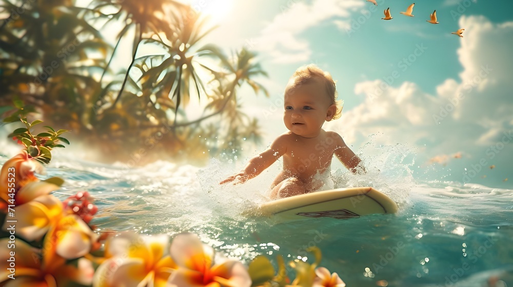 Cute adorable baby boy in diaper surfing on surfboard at sandy beach ...