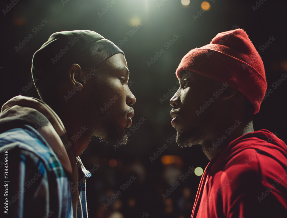 Rap battle between two men in an intense, dramatic-lit setting, evoking ... Rap battle between two men in an intense, dramatic-lit setting, evoking ...