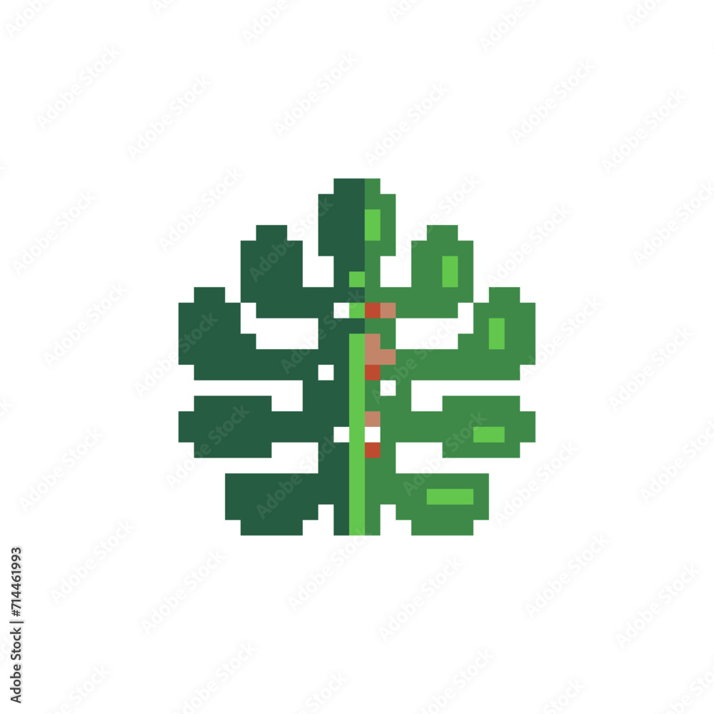 Leaf monstera pixel art icon, green plant logo. Isolated vector ...