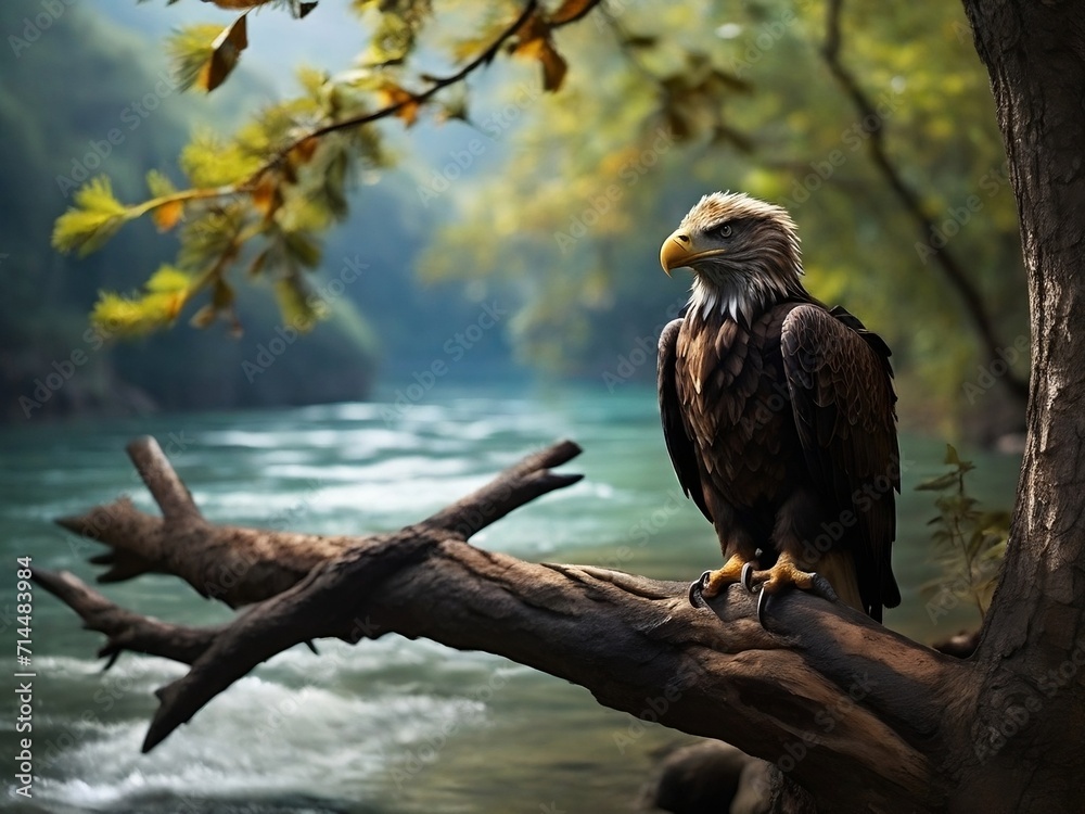 A majestic eagle perched on a tree branch near a beautiful river ...