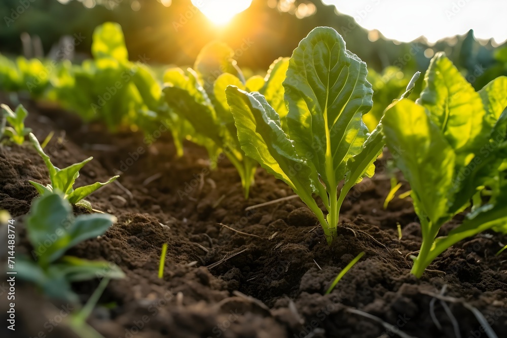 promoting organic agriculture, fertile crops in sunrise glow on rich ...