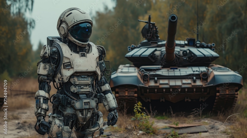 Military robot dressed as a soldier Standing next to the tank. futurist ...
