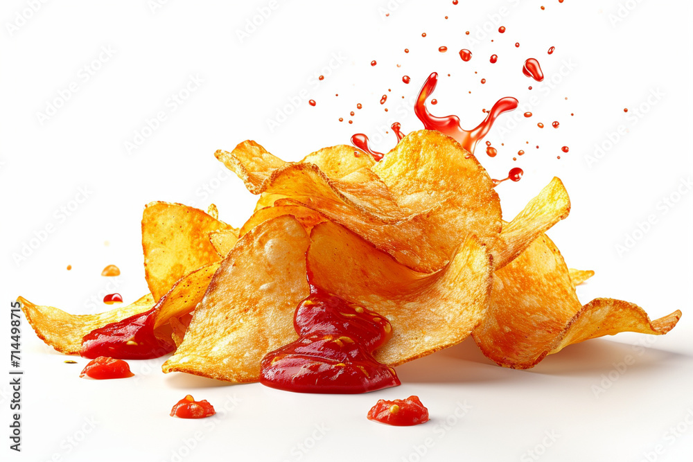 Indulge in the crispy allure! Golden potato chips meet a tempting red ...