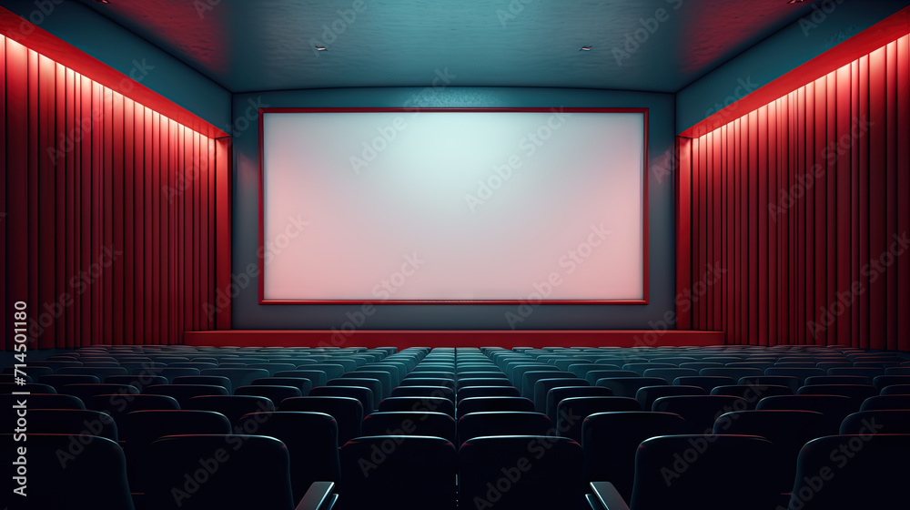 Cinema interior with seats and white screen. Movie theater room with ...