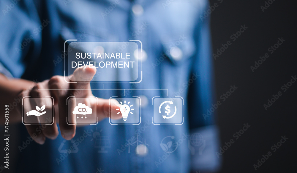 SDG, Sustainable development concept, Person touching virtual screen of ...