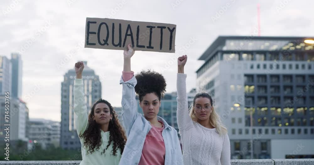 Women, poster and protest in city for equality, human rights or stop ...