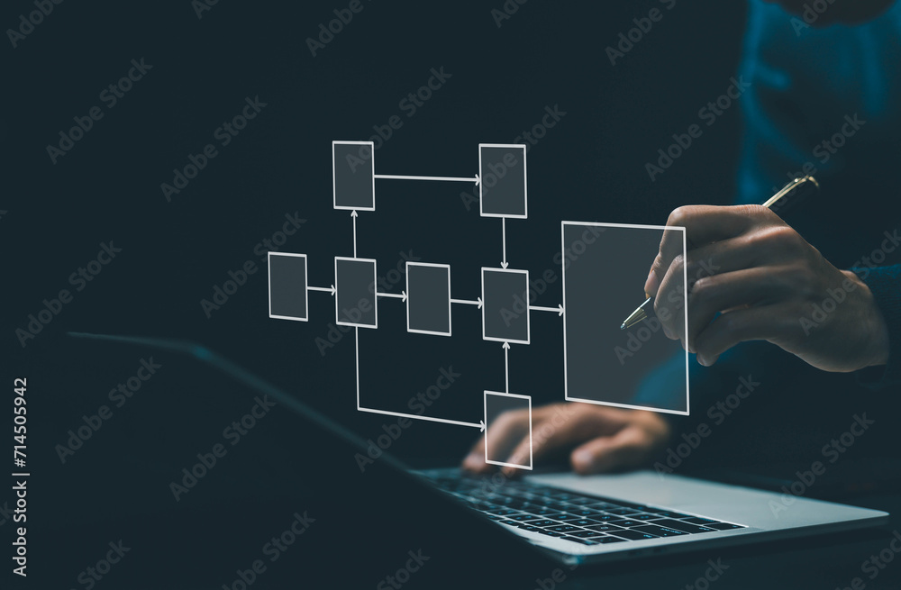 Businessman Using Computer Show Diagram Algorithm Flow Organigram Hierarchy Scheme Design