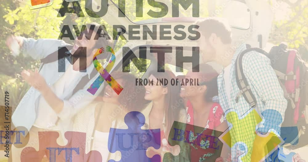 Animation of autism awareness month text and puzzle pieces over happy ...