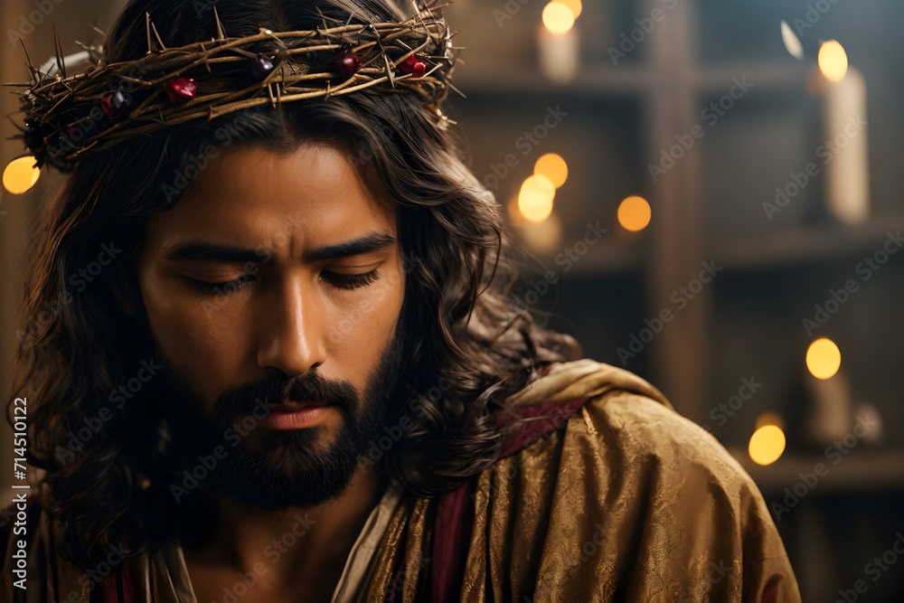 Jesus wearing a crown of thorns Stock Photo | Adobe Stock