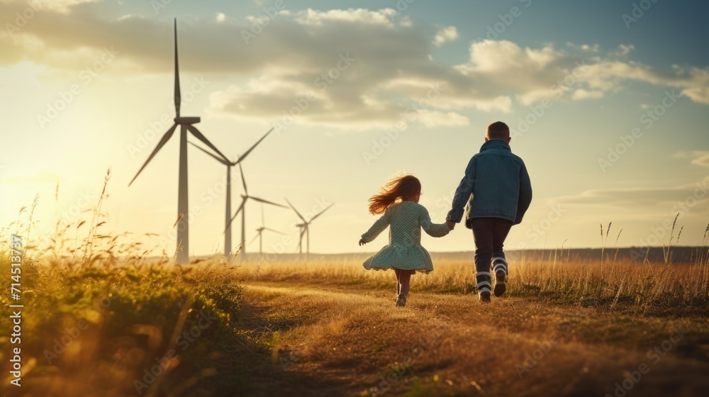 Little girl and child running in front of windmill, renewable energy ...