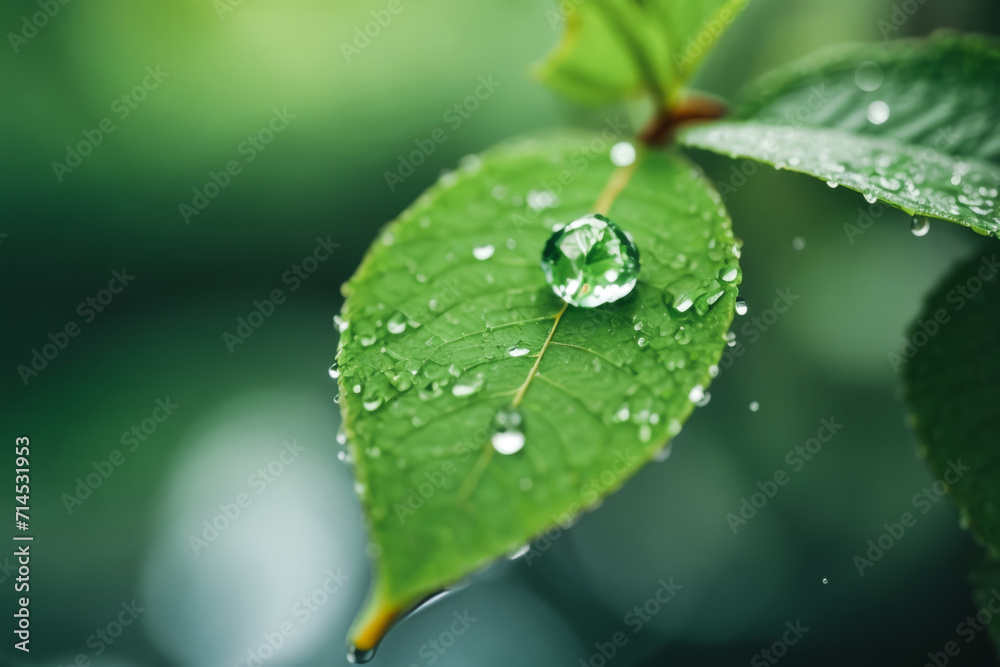 A close-up shot of a raindrop about to fall from a leaf, with a focus ...
