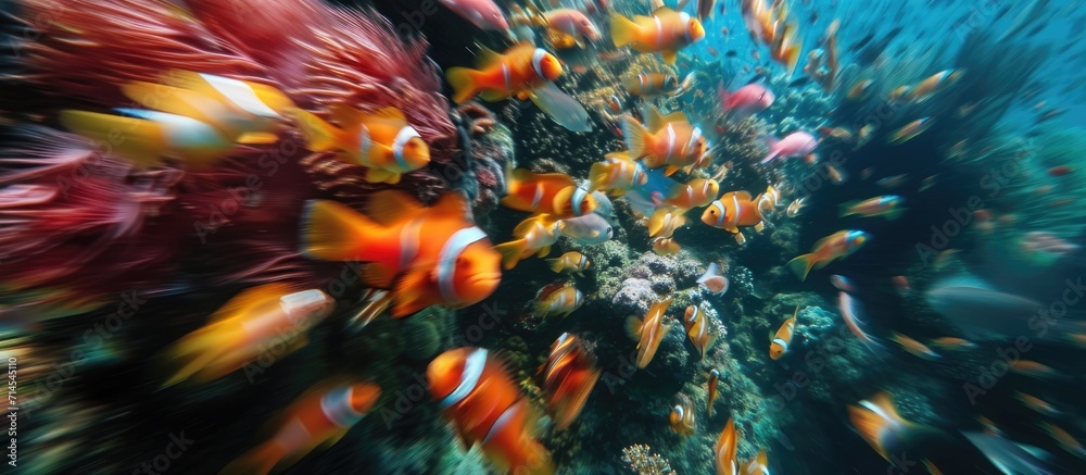 Blurry wide angle photo of grouped sweet lips reef fish, taken while ...