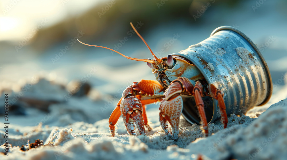Hermit Crab Using Tin Can as a Shell on Beach. Stock Photo | Adobe Stock