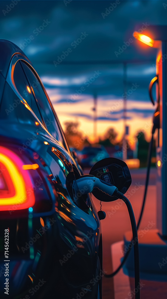 Close-up of electric car charging station booth sunset. Concept biofuel ...