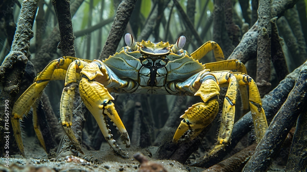 A crab camouflaged among mangrove roots, photographed from a low angle ...