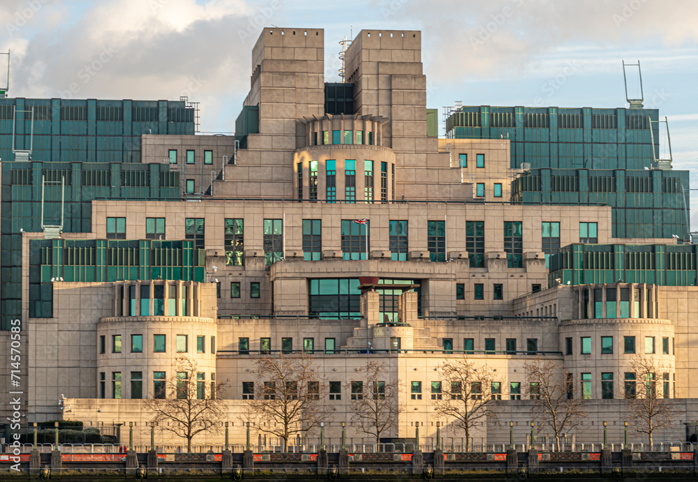 The SIS Building, also called the MI6 Building, at Vauxhall Cross houses the headquarters of the ...