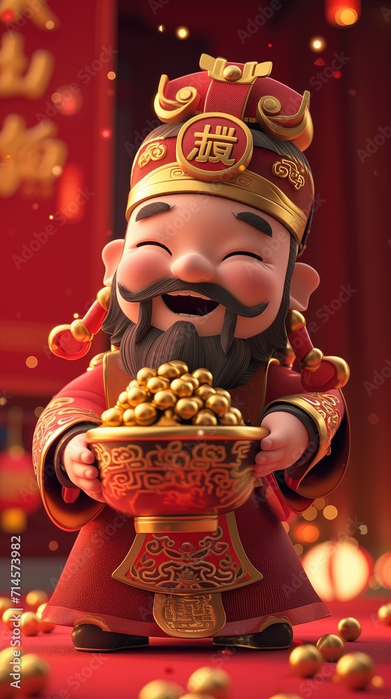 A cute Chinese God of wealth holding a large shiny gold ingot in his ...