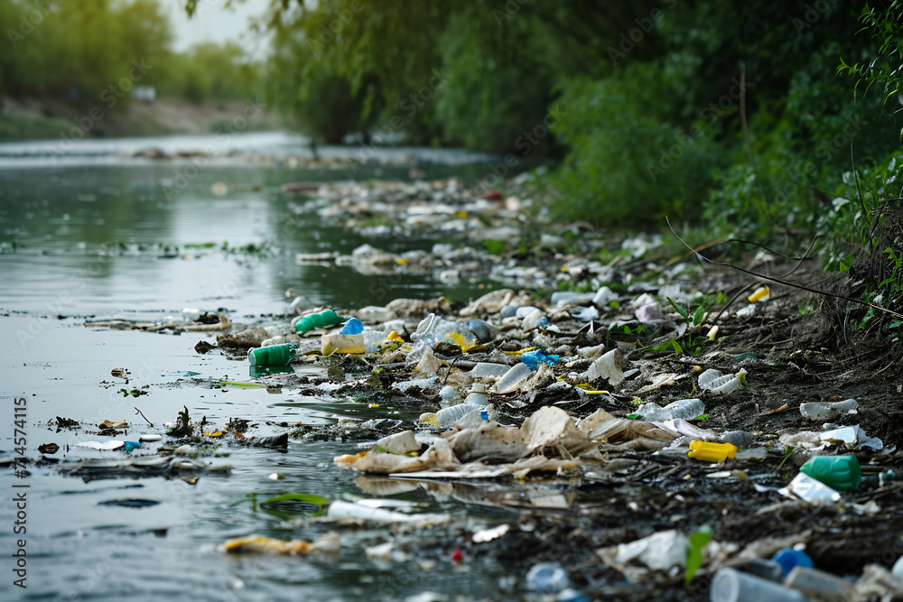 water pollution with a polluted riverbank littered with plastic waste ...